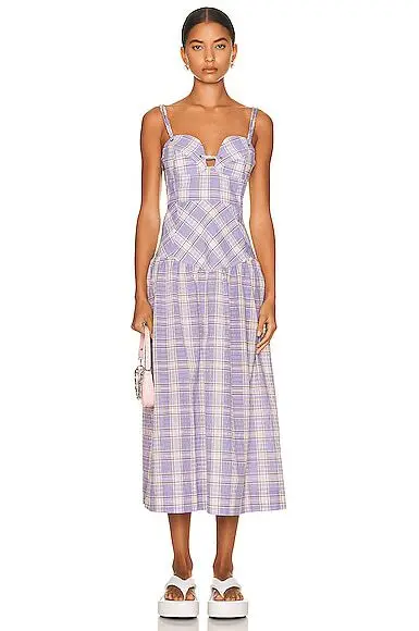 Ganni Seersucker Check Midi Dress In Purple In Check Persian
